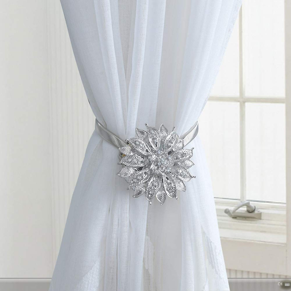 ManFull Curtain Tiebacks,Rhinestone Flower Magnetic Curtain Buckle Tieback Holdback Drape Holder Decor Curtain Holdbacks for Home/Office Window Sheer Drapes Tie Backs Holder Silver