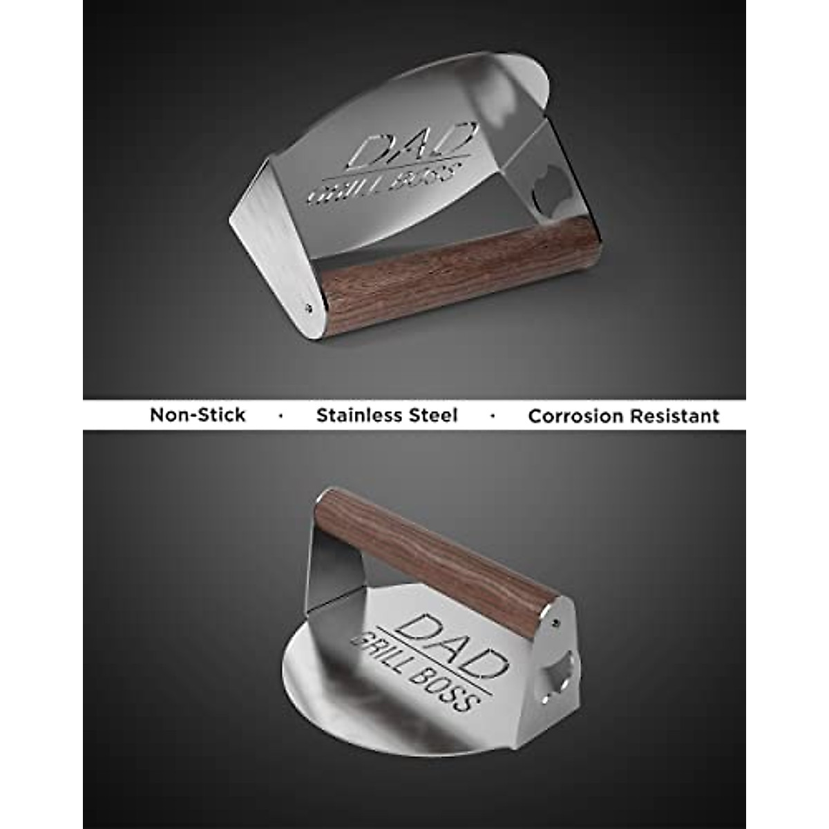 GALVANOX BBQ Press Grilling Gift for DAD The Grill Boss - Stainless Steel Smash Burger Press for Hamburger/Bacon with Wood Handle & Beer Opener (for Christmas, Birthday, Fathers Day)