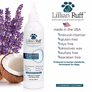 Lillian Ruff Ear Cleaner & Otic Wax Solvent for Dogs with Tea Tree Oil, Bee Propolis & Aloe - Coconut and Lavender Scent - Dissolve Wax and Combat Ear Odors - Safe for Sensitive Ears (4oz)
