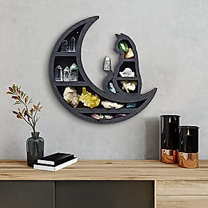 Avehrit Moon Shelf Wall Decor,Wooden Moon Shelf, Moon Shelf for Crystals, Wooden Moon Shelf,Moon Shelf for Crystals Wood Crystal Shelf Black Cat Design Display Shelf Wood Moon Decor Wall Decorations