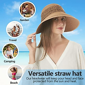 Straw Sun Hat for Women Summer Beach Wide Brim UV Protection Hats with Chin Strap Leopard Khaki Floppy Foldable Packable Ladies Fashion Cute Travel UPF 50 Cap sombreros de playa para mujer para el sol