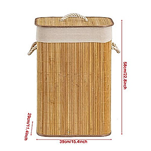 MHKanS Laundry Hamper with Lid Bamboo Dirty Clothes Storage Basket with Rope Handle and Removable Liner Rectangle Laundry Hamper Bin for Bathroom Bedroom Living Room Corner (Style 1)
