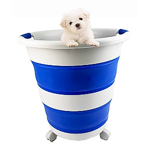 SAMMART 34L (8.9 Gallons) Collapsible Plastic Laundry Basket with Wheels - Foldable Pop Up Storage Container/Organizer with wheels (Grey/Purplish Blue)