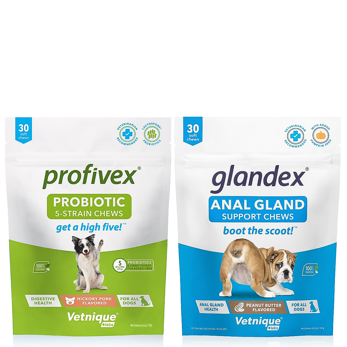 Glandex for Dogs Anal Gland Support Chews 30 Ct and Profivex 5-Strain Chews 30 Ct Bundle, Anal Gland Supplement for Dogs, Hickory Pork Flavor 5-Strain Clinical-Strength Digestive Probiotics for Dogs