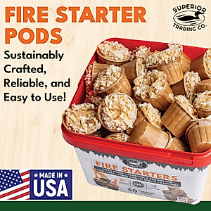 Superior Trading Co. All Natural Fire Starter 10-15 Minute Burn for BBQ, Campfire, Charcoal, Pit, Wood & Pellet Stove, 50 Extra Large Pods, Waterproof for Indoor/Outdoor Fire Starter, Brown