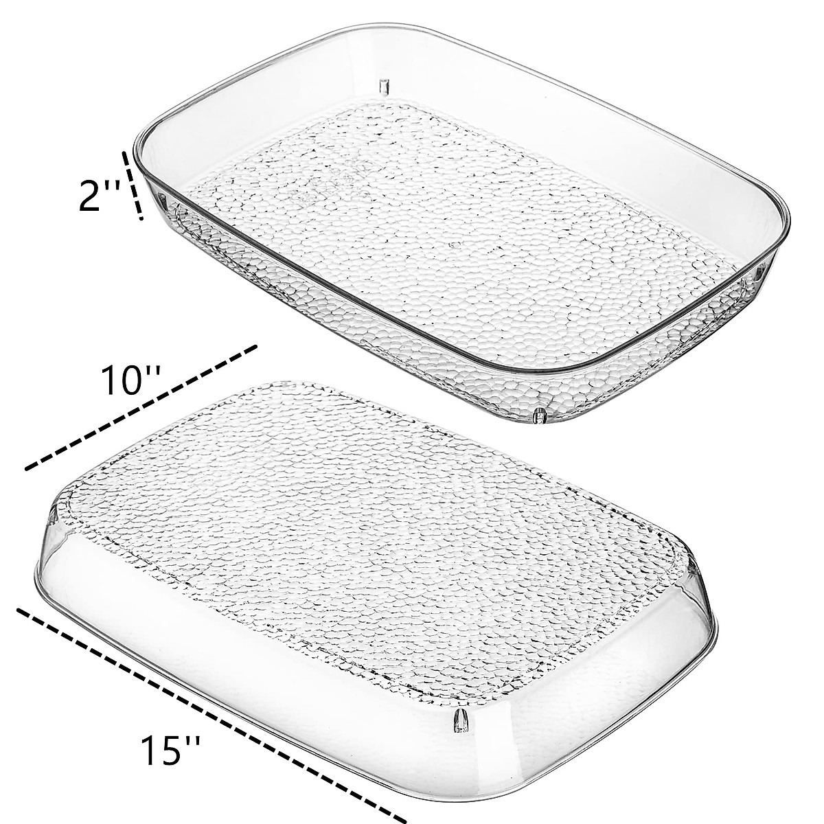 Lyellfe 4 Pack Clear Serving Tray, 15 x 10 Inch Deep Serving Platter, Spill Proof Decorative Coffee Table Perfume Tray for Bathroom, Dining Table, Vanity Cabinet