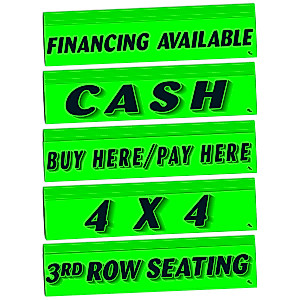 Versa Tags Windshield Slogan Stickers 12 Pack Each of FINANCING Available, Cash, Buy HERE Pay HERE, 4X4, 3RD Row Seating (60) Window Stickers Total Dealership Stickers Black On Green