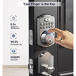 Veise Fingerprint Door Lock Set, Keyless Entry Door Lock, Front Door Handle Sets, Electronic Keypad Deadbolt with Lever Handle, 2 Keys, Auto Lock, Code Door Lock, Easy Installation, Satin Nickel