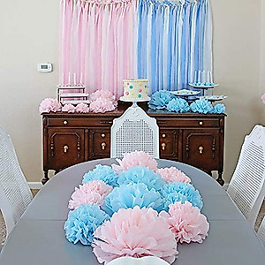 HappyField 12PCS 10” 12” Baby Pink Blue White Tissue Paper Pom Poms Flower Gender Reveal Party Supplies Gender Reveal Party Decorations Boy or Girl Baby Shower Decorations Pink and Blue Decorations