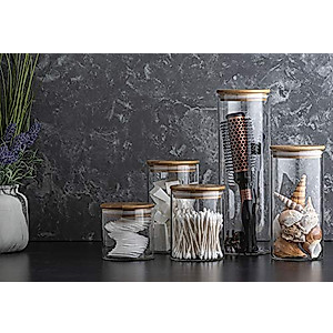 Sugar Packet holder Canister Set of 5, Glass Kitchen Canisters with Airtight Bamboo Lid, Glass Storage Jars for Kitchen, Bathroom and Pantry Organization Ideal for Flour, Sugar, Coffee, Cookie Jar, Candy, Snack and More