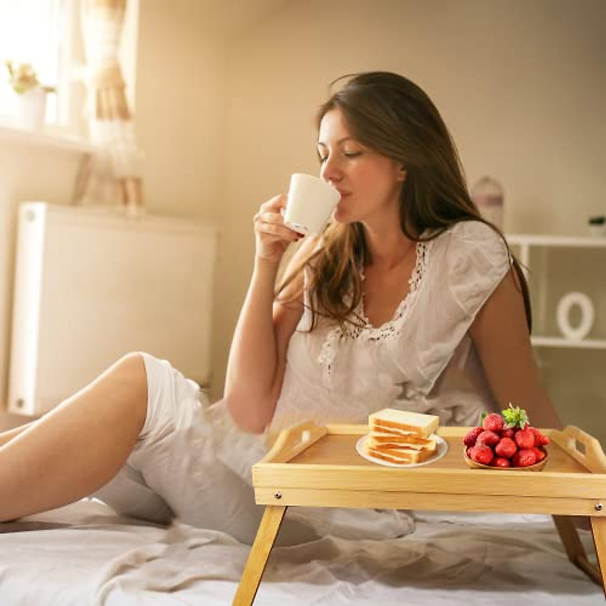 Bed Tray Table with Folding Legs, Bamboo Breakfast Food Lap Tray for Eating, Bed, Sofa, Working, Drawing, Kitchen Platters Desk Foldable Serving Bed Tray with Handles Laptop Computer Snack Tray Table