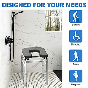 UGarden Upgraded Large U-Shaped Shower Chair with Thick Padded Cushion, 400LBS Stainless Steel Shower Seat for Inside Shower, Adjustable Bath Chair w/Toiletry Bag, Soft Bathroom Chair for Elderly