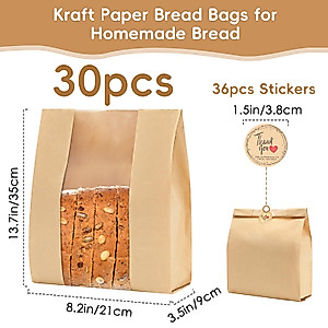 30 Pack Paper Bread Bags for Homemade Bread Sourdough Bread Bags Large Bread Storage Bags with Window and Label Seal Sticker for Bakery Loaf Cookie(13.7x8.2x3.5 inch)