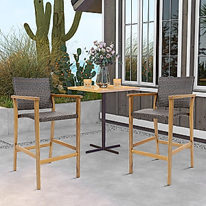 Tangkula Patio Rattan Bar Stool Set of 2, Outdoor PE Wicker Bar Chairs with Armrests, Counter Height Acacia Wood Barstools with Sturdy Footrests, for Balcony, Backyard, Poolside (2, Mix Brown)