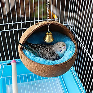 2 Pcs Natural Coconut Shell Bird Nest House Bed Breeding Nesting Anti-Pecking Bite with Warm Pad and Bell for Bird Parrot Budgie Parakeet Cockatiel Conure Lovebird Canary Finch