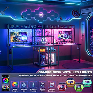 Cyclysio Gaming Desk with Hutch, 39'' Computer Desk with LED Lights & Power Outlets, Home Office Desk with Reversible 5 Tiers Storage Shelves & Monitor Stand, Small Gaming Table for Small Space, Black