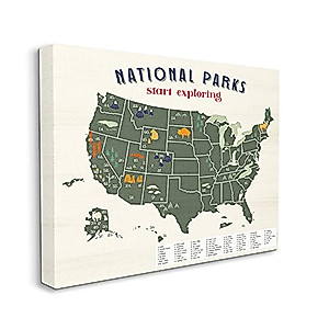 Stupell Industries National Parks Map with Numbered Key United States, Designed by Daphne Polselli Canvas Wall Art, 16 x 20, Green
