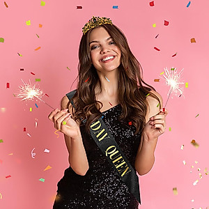 Black Birthday Celebration Set: Sash, Tiara, Headband, and Gold-Accented Decorations for Women