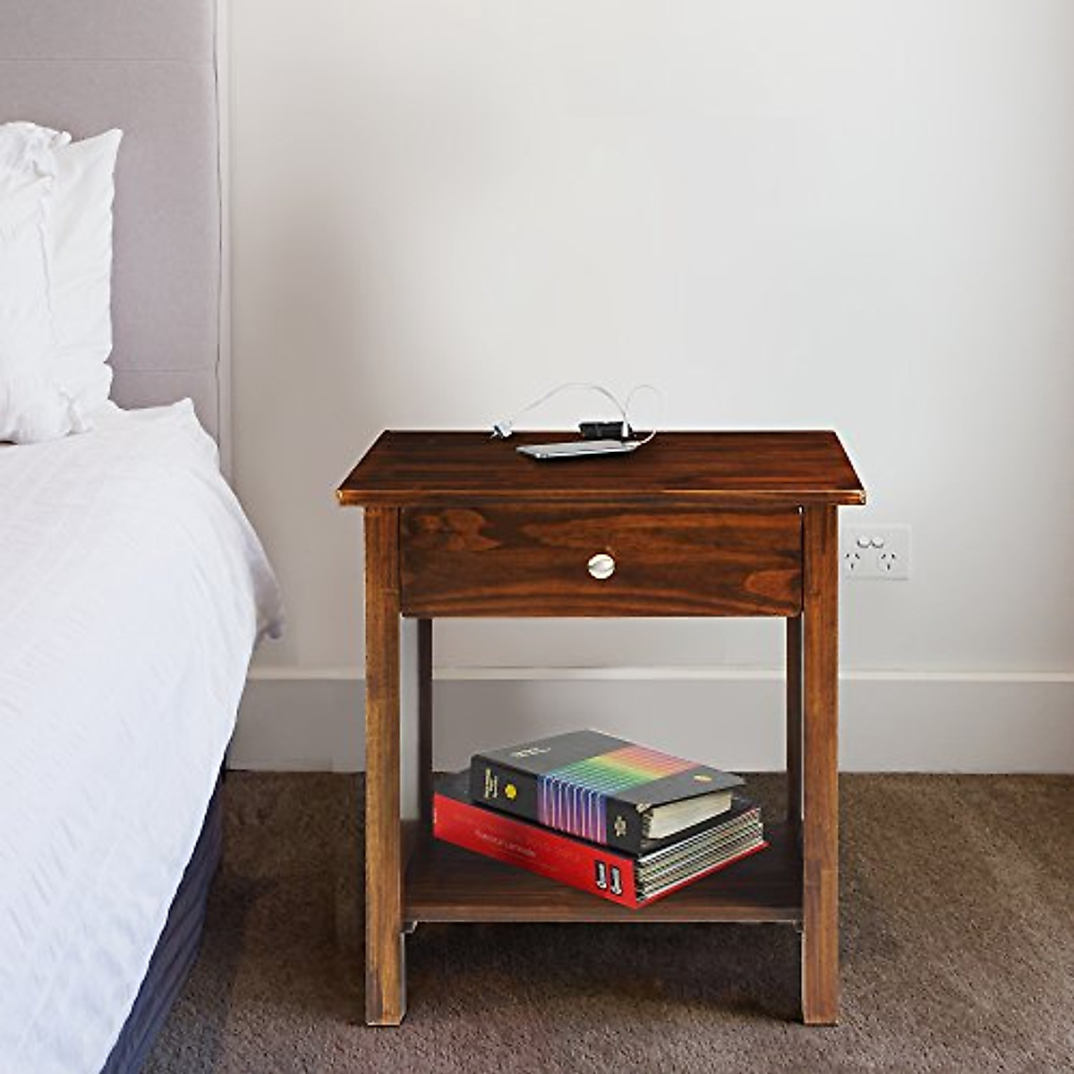 Casual Home Vanderbilt Nightstand with USB Ports-Warm Brown, 24"L x 17"W x 27"H