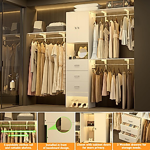 Armocity 96 Inches Closet System with Doors, 8FT Walk In Closet Organizer with 3 Shelving Towers, Heavy Duty Clothes Garment Rack with 3 Wood Drawers, 96" L x 16" W x 80" H, Max Load 1000 LBS, White