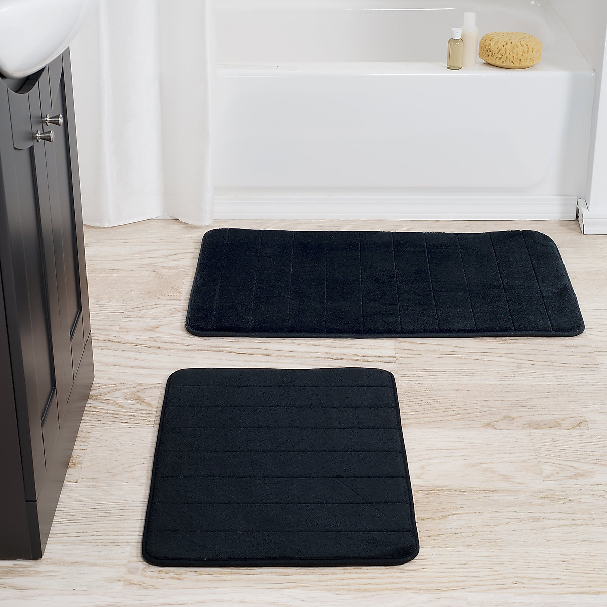 Lavish Home Bathroom Rug Set-2-Piece Memory Foam Bathmats-Striped Microfiber Top-Non-Slip Absorbent Runner for Shower, Tub, Sink or Kitchen (Black)