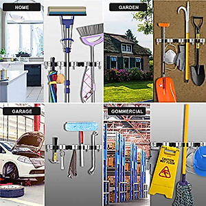 Favbal Broom Mop Holder Wall Mount Stainless Steel Wall Mounted Storage Organizer Heavy Duty Tools Hanger with 4 Racks 5 Hooks for Kitchen Bathroom Closet Garage Office Garden