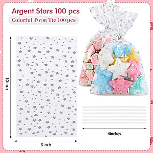 LEOSINDA 100 pcs Clear 6"X 10" Flat Gift Wrap Cellophane Bags Cello Bags Cookie Bags Treat Bags with Twist Ties Poly Bag 1.3 mil for Bakery, Cookie, Candies Silver Star Printed