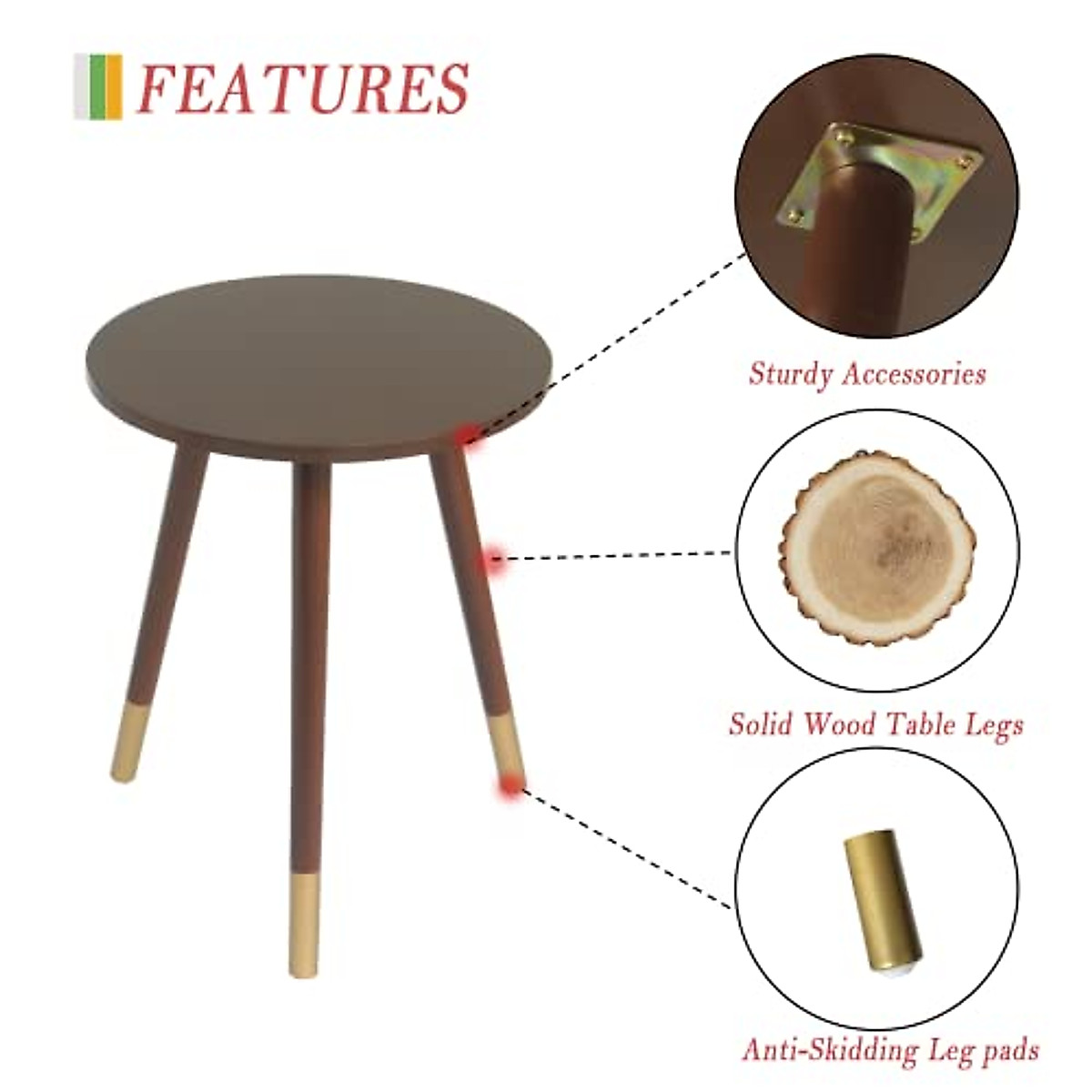 AWASEN Small Side Table, Modern End Table Round, Coffee Table for Bedroom Living Room Small Space, Easy Assembly, 16''Dx 19.5''H (Brown & Gold)