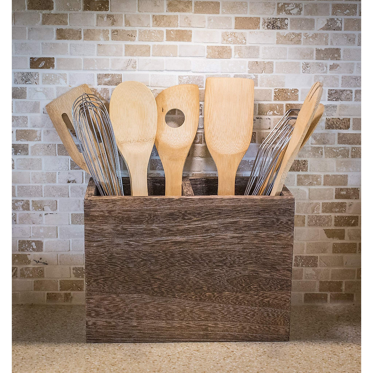 Double Torched Wood Kitchen Cooking Utensil Holder | 2 Compartment Large Caddy | Organizer Box with Slide-Out Bottom Panel by Farwood Designs