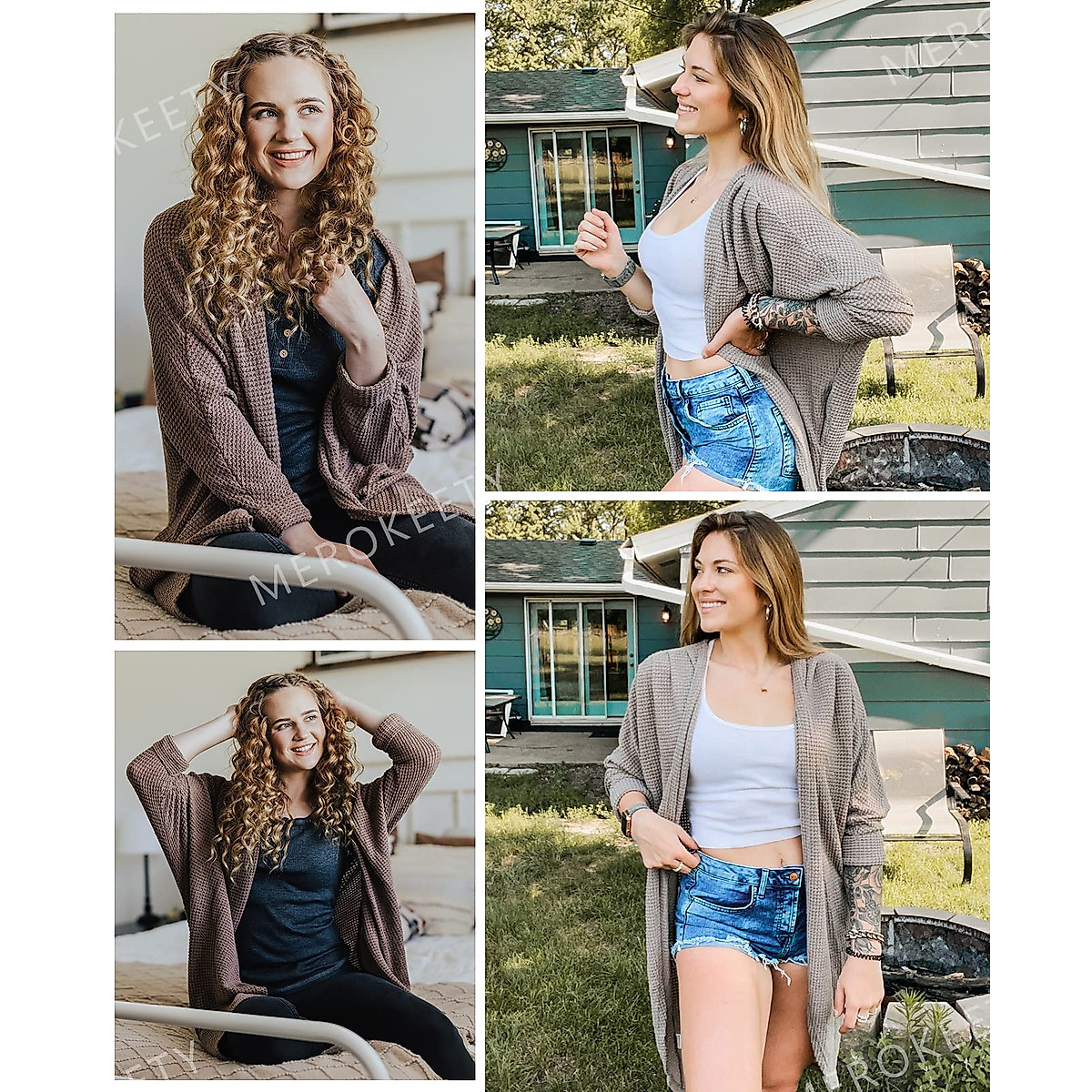 MEROKEETY Women's 2024 Fall Waffle Knit Batwing Long Sleeve Cardigan Loose Open Front Sweater Coat, Brown, XX-Large