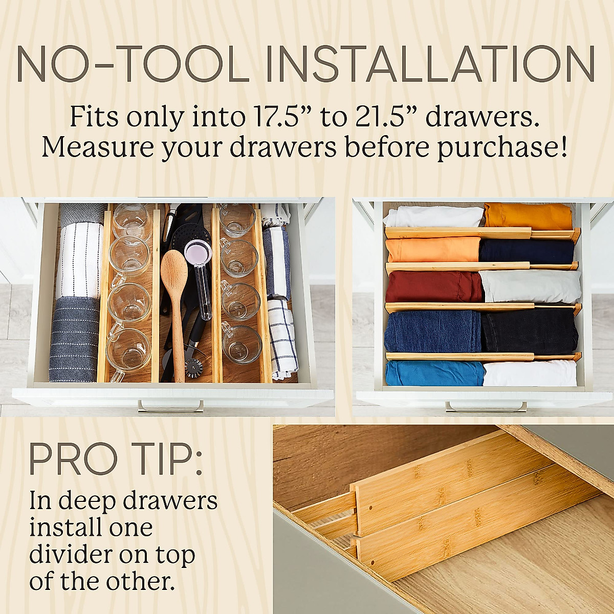 Bamboo drawer dividers expandable - wooden dividers separators Spring Loaded Drawer Organizer for Clothes, Kitchen Utensils, Bathroom and Dresser - Wood Dividers for Drawers [17.5" - 21.5"]