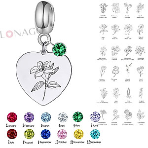 LONAGO Birth Flower Heart Charm Custom Name Charm Bead for Bracelet, Personalized Month Floral Bead Charm Birthday Gift for Women (Sterling Silver-silver color)