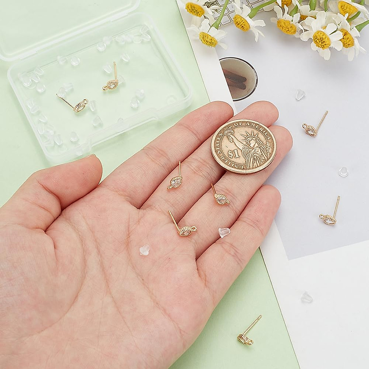 BENECREAT 10PCS 18K Real Gold Plated Teardrop Cubic Zirconia Earring Studs with Loop for Earring DIY, Valentine's Day Jewelry Gift Making, Hole: 1mm