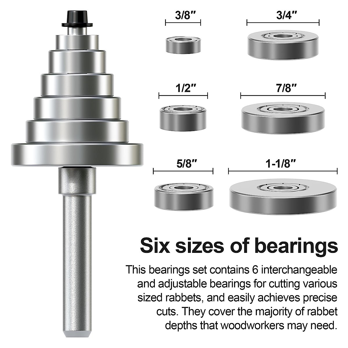 XDENGP Rabbet Router Bit Set 1/4 Shank, Rabbeting Router Bits 1pcs with 6 Bearings for Interchangeable and Adjustable Multi Depths Cutter 1/8", 1/4", 5/16", 3/8", 7/16", 1/2"