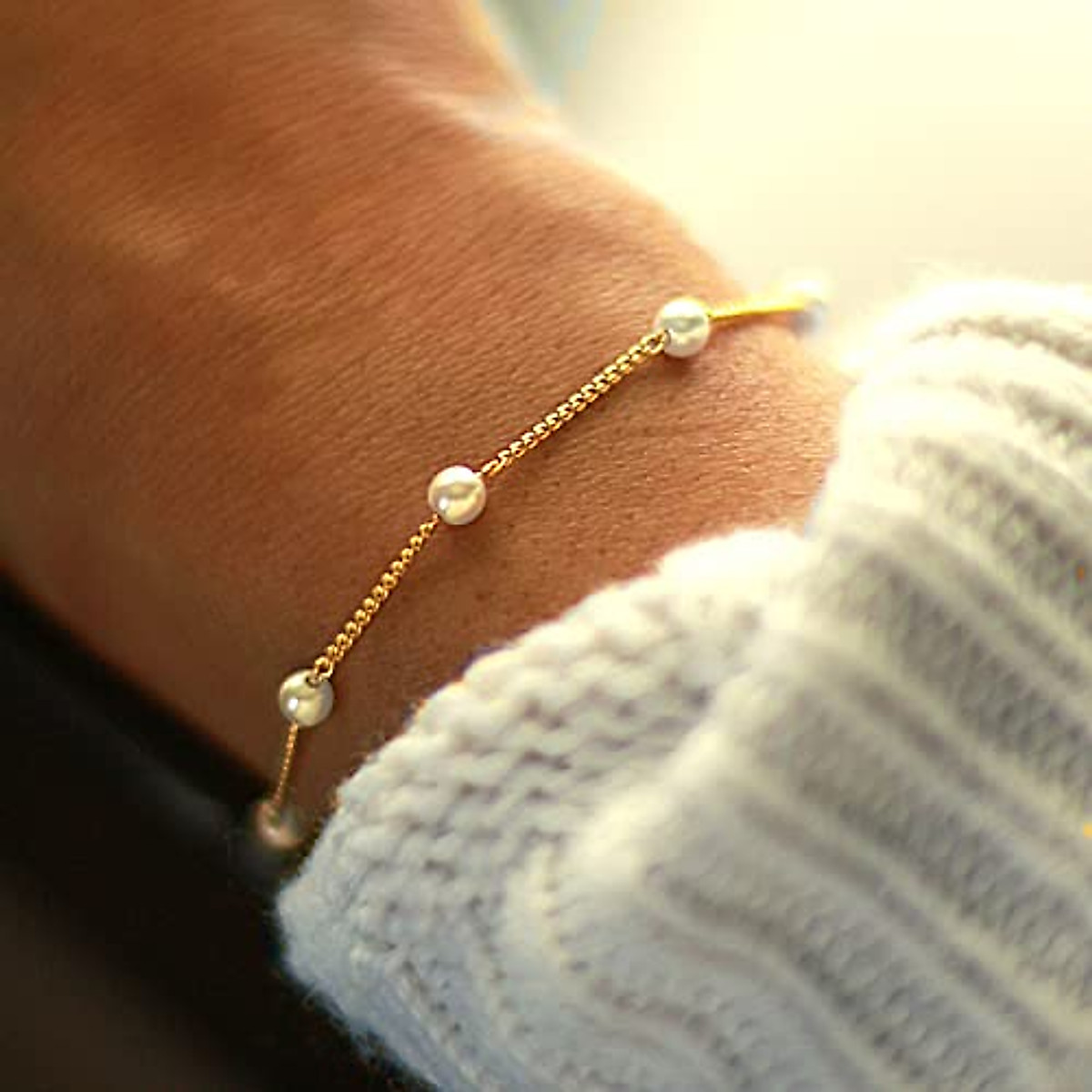 Collner Dainty Gold Bracelet for Women 14K Gold Plated Lightweight Chain Bracelet Herringbone Pearl Circle Bracelet Charm Minimalist Handmade Jewelry Gift