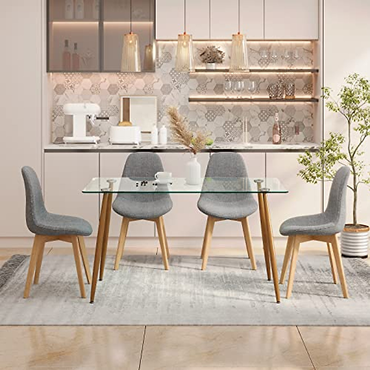 Tangkula 5 Pieces Dining Room Table Set, Modern Table & Chair Set for 5, 4 Grey Fabric Dining Chairs with Glass Dining Table for Small Living Room, Kitchen