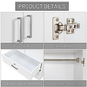 FurnitureR 2 Door Wardrobe, Wooden Armoire with Drawers and Hanging Rod for Bedroom 68.2-Inch Wardrobe Storage Cabinet, White