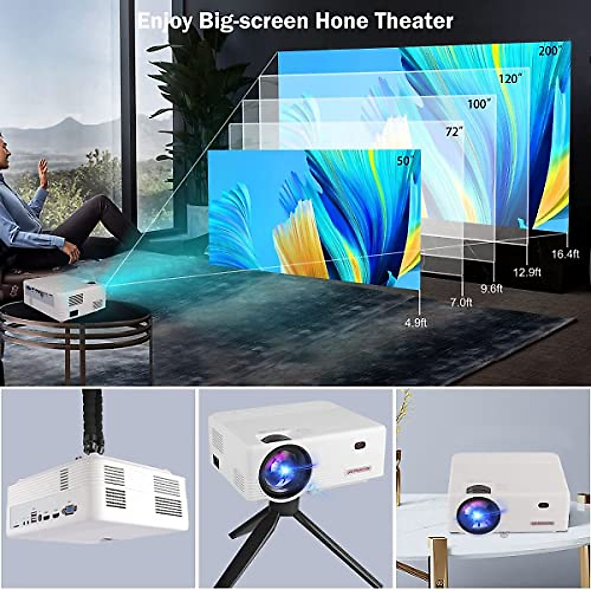 Native 1080P Projector, WiFi Projector, OSEVEN Portable Movie Projector Supported 4K, Compatible with Smartphone, TV Stick, HDMI, VGA, USB, Laptop, Tablet，iOS & Android