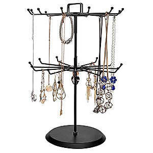 MyGift 2 Tier Black Metal Rotating Necklace and Bracelet Organizer Jewelry Stand with 24 Hooks, Multipurpose Accessory and Keychain Spinning Display Rack with Top Handle Card Holder