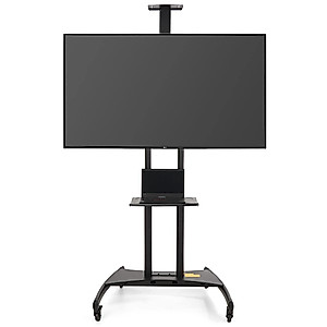 Displays2go Commercial Flat Screen TV Holder, Locking Wheels, Media Shelf, Aluminum Construction – Black (EM6580BK)