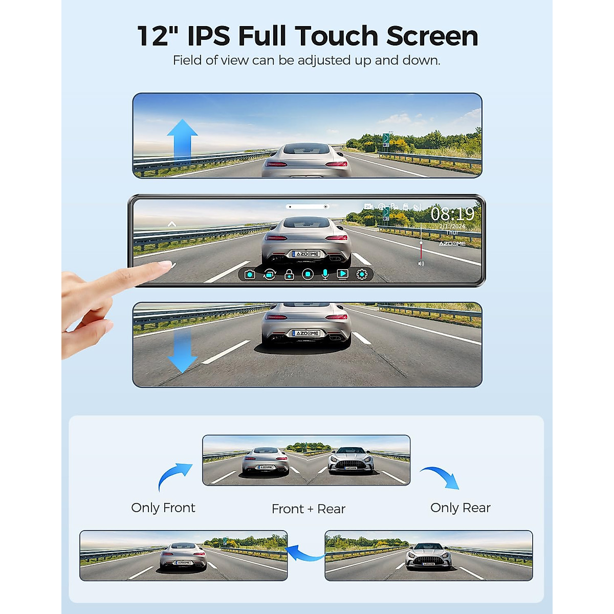 AZDOME 12" Mirror Dash Cam with 4K Detached Front Camera, Rear View Mirror Camera with Sony IMX335, WDR Night Vision, GPS, IPS Full Touch Split Screen, Free 64GB Card, Parking Assistance PG18S