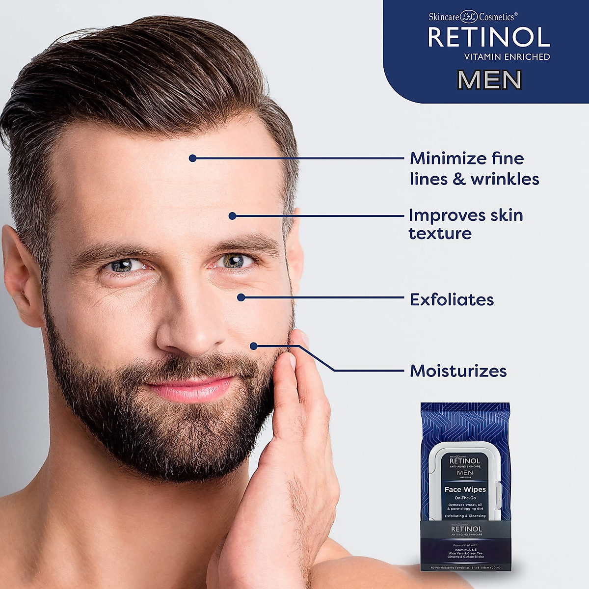 Retinol Men Facial Wipes Anti-Aging Cleansing Towelettes - Quickly cleanse face from sweat, oil and pore-clogging dirt without any heavy residue