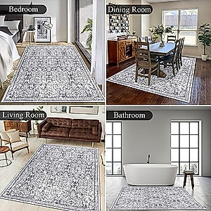 Vaukki Living Room Rug, Vintage Shaggy Soft Laundry Rug, Non Slip Kitchen Area Mat, Washable Farmhouse Bedroom Area Carpet for Bathroom, Kitchen and Kidsroom(4'x6', Grey)