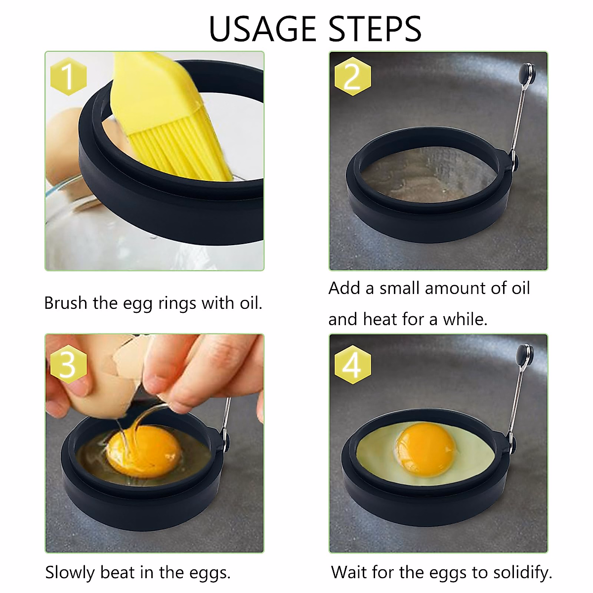 YOLCAR Black Silicone Egg Ring, 4 Pack Egg Ring Molds for Fried Egg, Non-stick Egg Cooker Ring