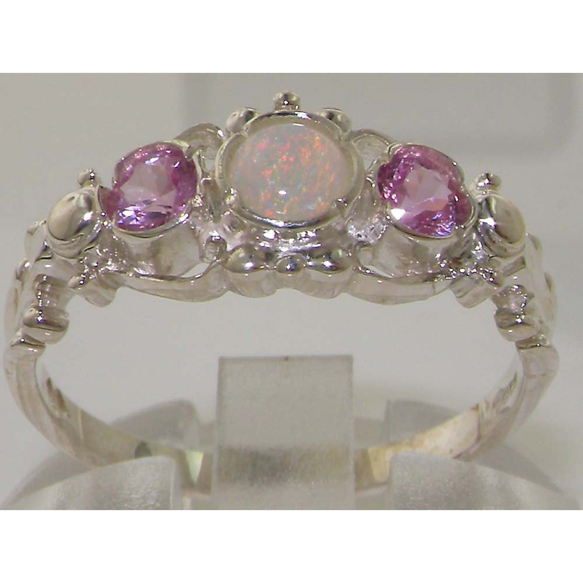 LetsBuyGold 925 Sterling Silver Natural Opal and Pink Tourmaline Vintage Anniversary Ring - Size 5.25
