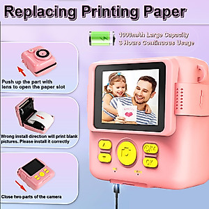 GKTZ Instant Print Camera for Kids - 1080P HD Instant Print Photo - Christmas Birthday Gifts for Age 4 5 6 7 8 9 10 Girls Boys - Portable Toy with 3 Rolls Photo Paper, 5 Color Pens, 32GB Card - Pink