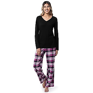 Fruit of the Loom Women's Waffle V-Neck Top and Flannel Pant Sleep Set, Black/Berry Plaid, X-Large