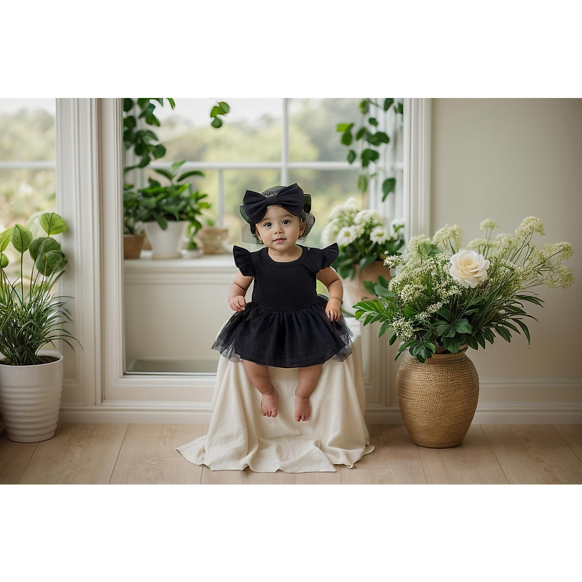 Magic Park Infant Tulle Dress Baby Girl Ruffle Sleeve Romper Dress Solid Color Tutu Skirt with Headband Holidays Clothes (Black, 6 Months)