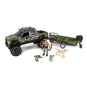NKOK Realtree Camo 1/18 Scale Free-Wheel Playset 11-PC, Ford F-250 Super Duty w/Fishing Boat & Trailer & Accessories: Roof Rack, Light Bar, Working Doors & Tailgate, Hunter, Dog, 2 Ducks, Bow&Arrows