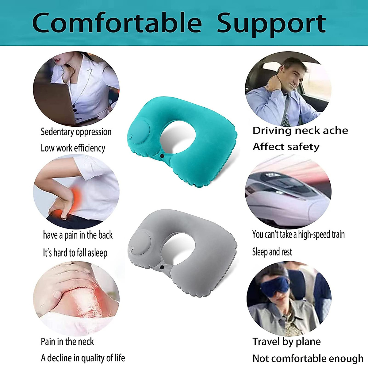 Altsuceser 2Pcs Inflatable Travel Pillow Neck Pillow for Travel, Compact Portable U-Shape Head Neck Support Cervical Cushion for Car Airplane Train Travel Office Napping Grey & Green